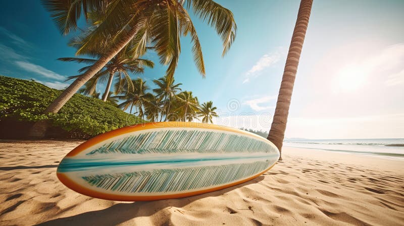 Surfboard and Palm Tree on Beach with Beach Sign for Surfing Area ...
