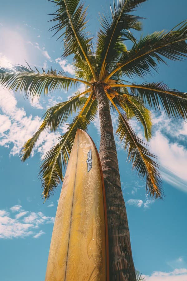 Surfboard by Palm Tree stock image. Image of waves, beach - 377973063