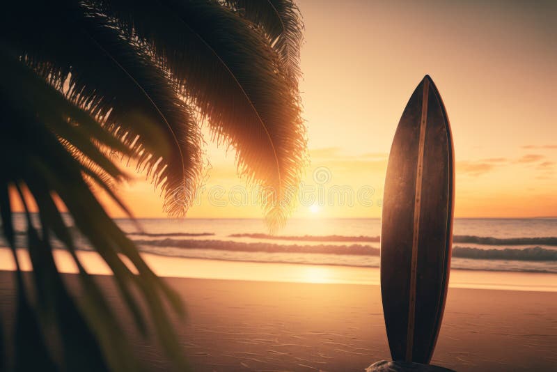 Surfboard and Palm Tree on Sunset Tropical Beach. Generative AI Stock ...