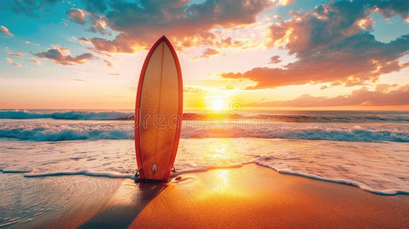 Surfboard and Rising Sun, Coast Beach at Sunset. Stock Image - Image of ...