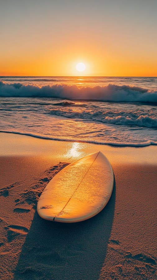 Surfboard on Sandy Beach at Sunset. Stock Photo - Image of horizon ...