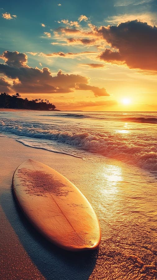 Surfboard on Sandy Beach at Sunset. Stock Image - Image of tranquil ...