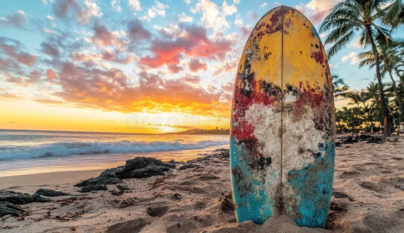 Surfboard on Sandy Beach at Sunset with Vibrant Colors Stock Photo ...