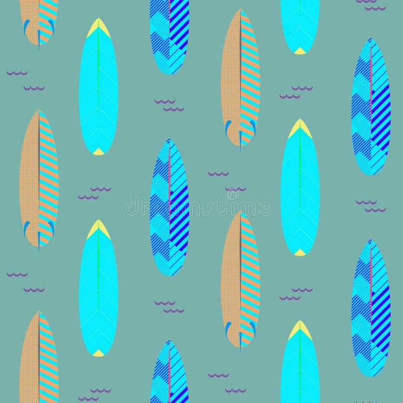Surfboard Seamless Vector Pattern. Blue and Cyan Striped Boards on ...