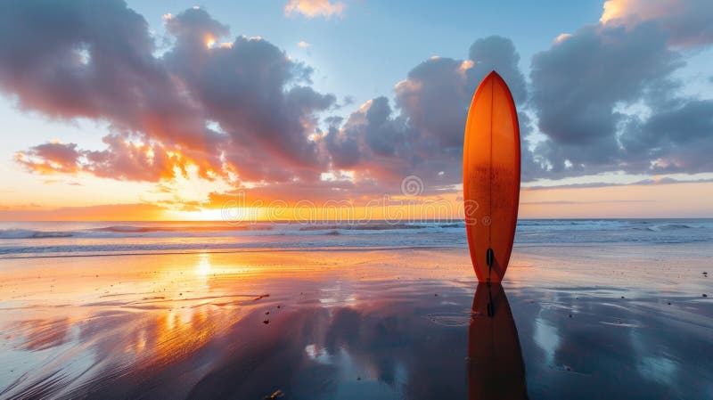 A Surfboard is Standing on the Beach at Sunset Stock Image - Image of ...