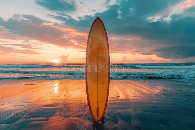 A Surfboard is Standing on the Beach at Sunset Stock Photo - Image of ...