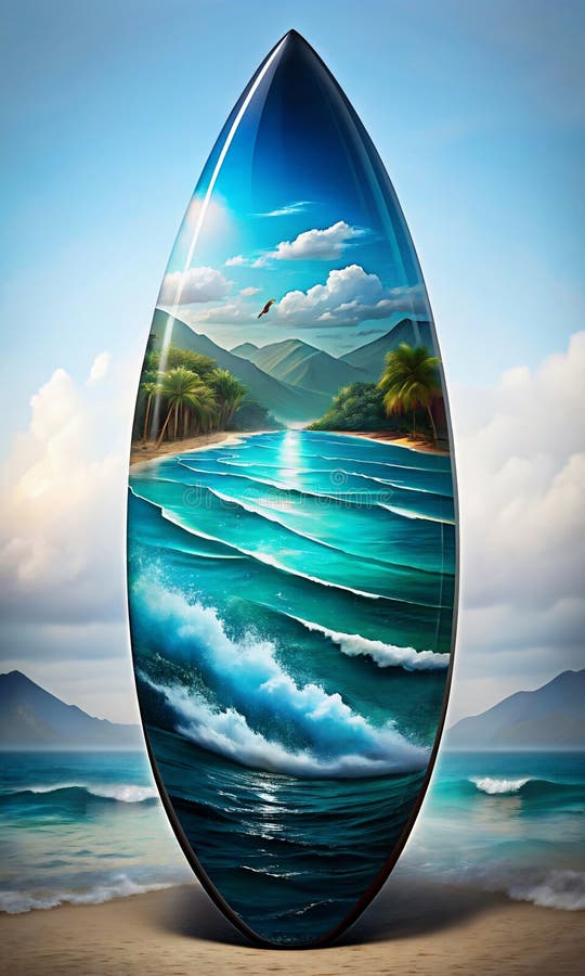 A Surfboard Stands Vertically with a Vibrant Design Featuring a Beach ...