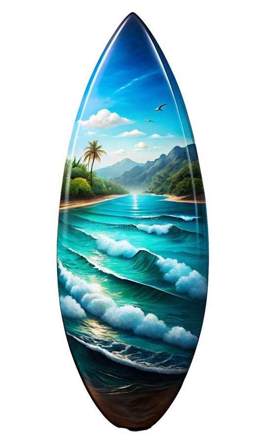 A Surfboard Stands Vertically with a Vibrant Design Featuring a Beach ...