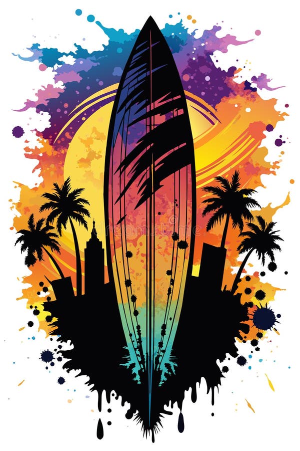 A Surfboard Stands Vertically with a Vibrant Design Featuring a Beach ...