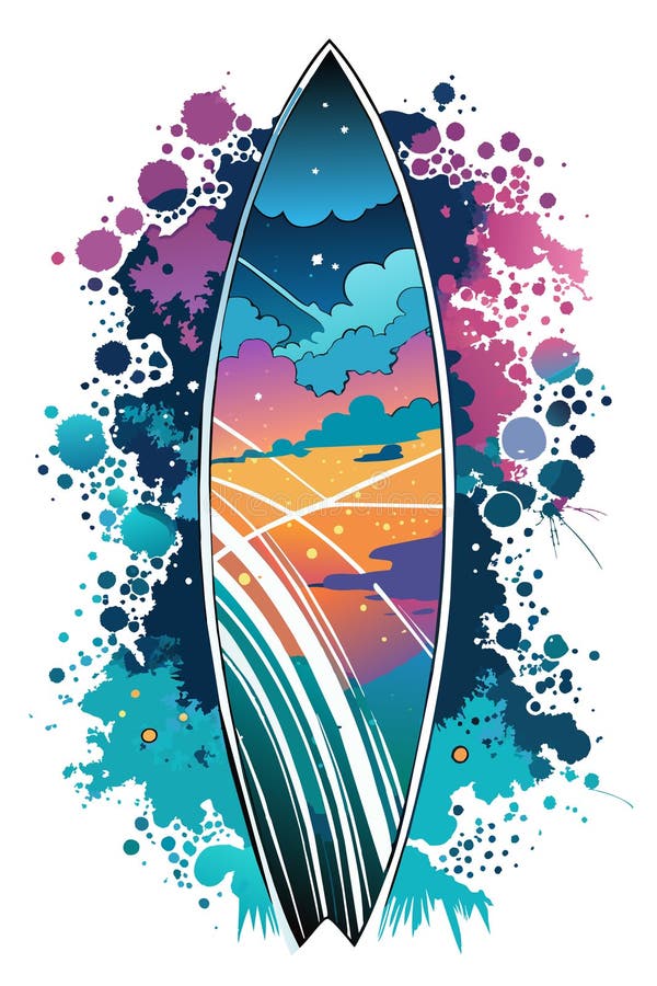 A Surfboard Stands Vertically with a Vibrant Design Featuring a Beach ...
