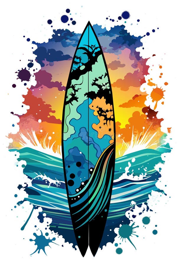 A Surfboard Stands Vertically with a Vibrant Design Featuring a Beach ...