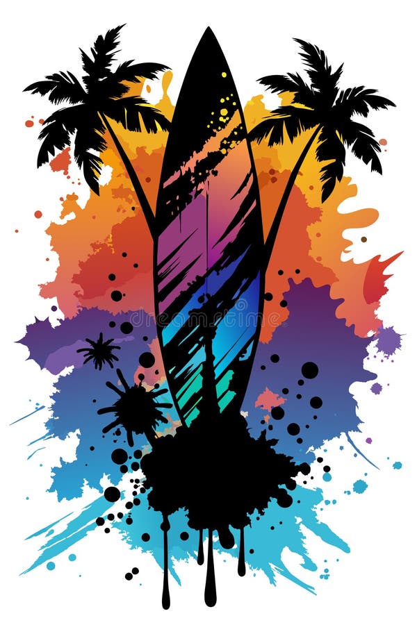 A Surfboard Stands Vertically with a Vibrant Design Featuring a Beach ...