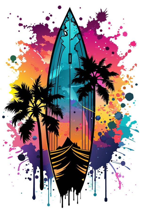A Surfboard Stands Vertically with a Vibrant Design Featuring a Beach ...