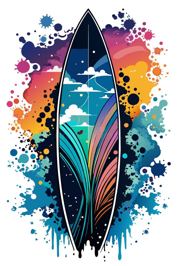 A Surfboard Stands Vertically with a Vibrant Design Featuring a Beach ...