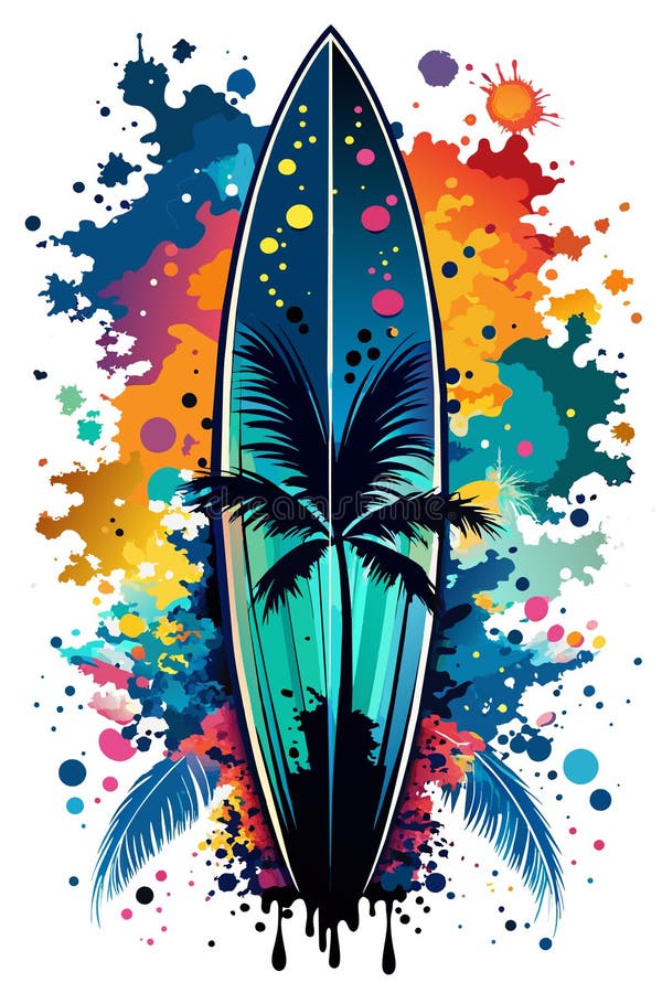 A Surfboard Stands Vertically with a Vibrant Design Featuring a Beach ...