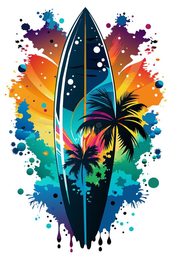 A Surfboard Stands Vertically with a Vibrant Design Featuring a Beach ...