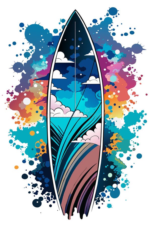 A Surfboard Stands Vertically with a Vibrant Design Featuring a Beach ...