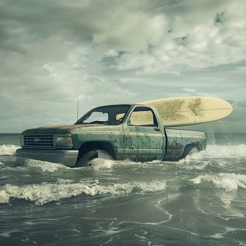Surfboard-toting Truck in the Ocean Waves Stock Illustration ...