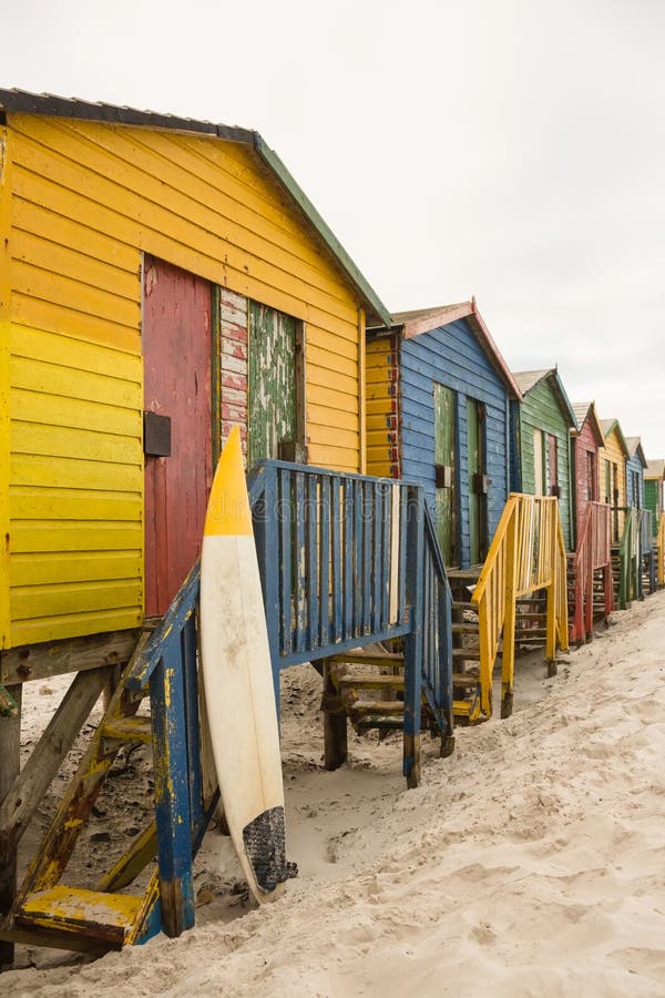 Surfboard by Wooden Hut at Beach Stock Image - Image of protection ...