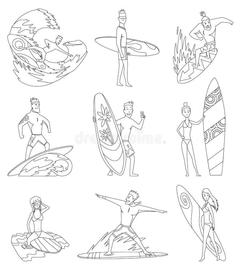 Surfboarders Coloring Book Riding on Waves Set, Surfer Men with ...