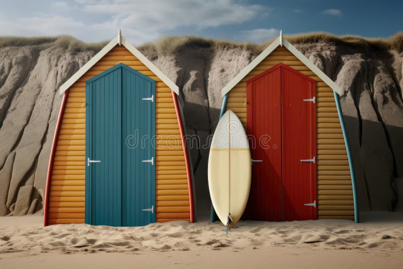 Surfboards and Beach Bathing Cabins Stock Photo - Image of coastline ...