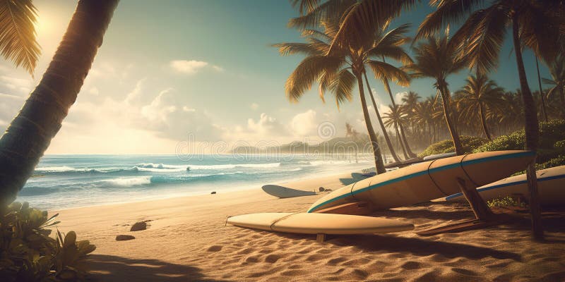 Surfboards on the Beach, Panoramic Image Stock Illustration ...