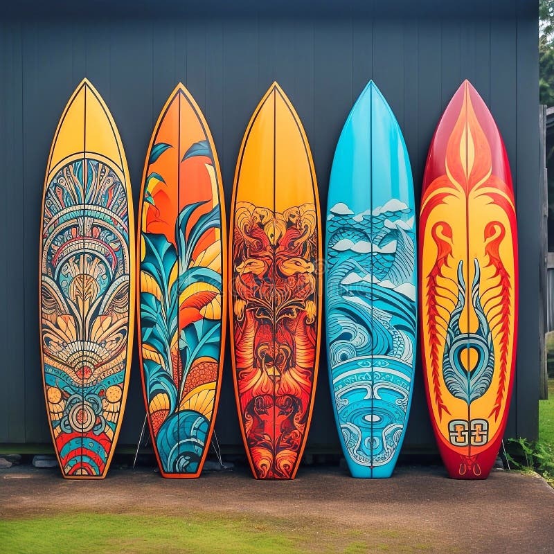Surfboards with Colorful Patterns on the Wall of the House. Stock Photo ...