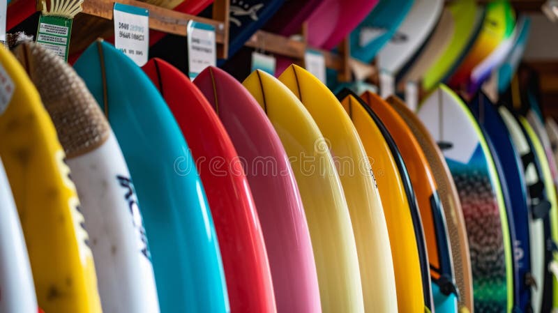 Surfboards Hanging on Rack, Close Up Stock Image - Image of activity ...