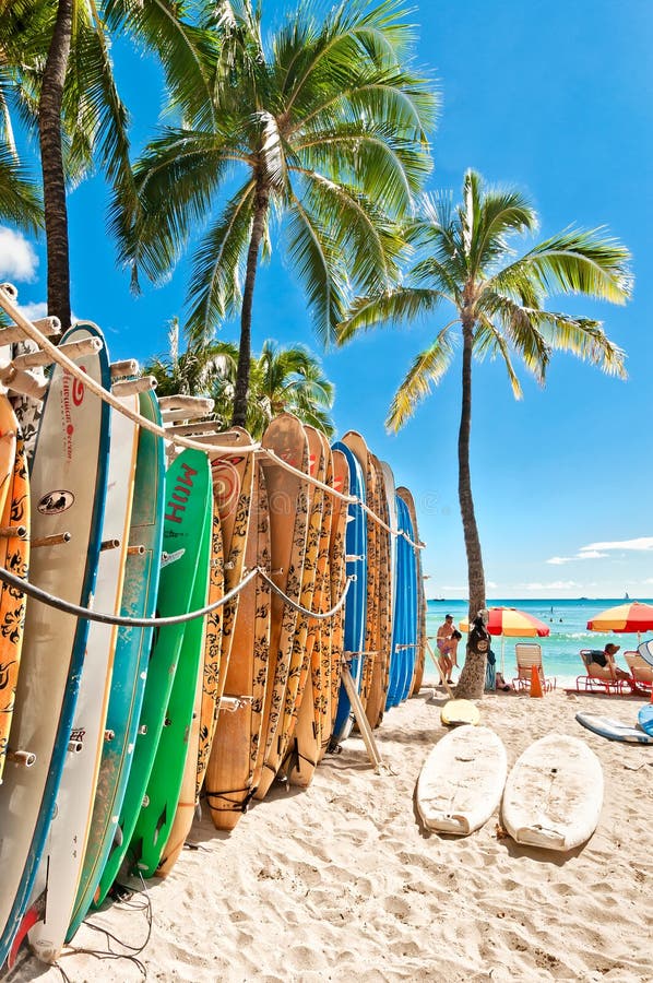 Surfboards in the Rack at Waikiki Beach Editorial Stock Image - Image ...