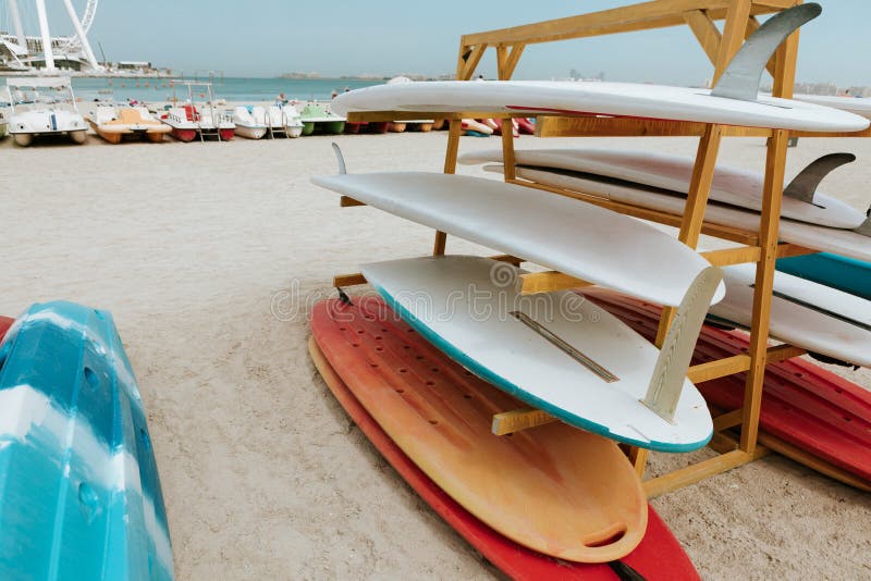 Surfboards Stacked on the Rack on a Beach Stock Image - Image of shore ...