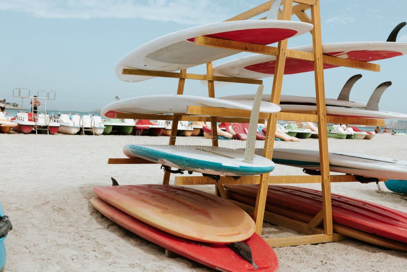 Surfboards Stacked on the Rack on a Beach Stock Image - Image of lock ...