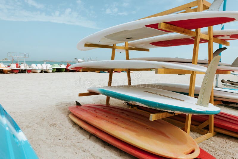 Surfboards Stacked on the Rack on a Beach Stock Photo - Image of surf ...