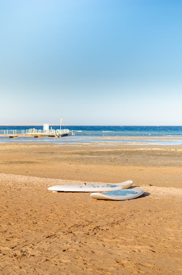 Sup Boards on the Sand of an Empty Beach/Surfboards Standing Upright in ...