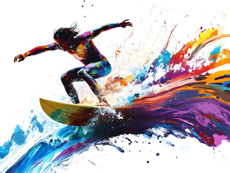 A Surfer in Action, Surrounded by Bold, Colorful Splashes that ...