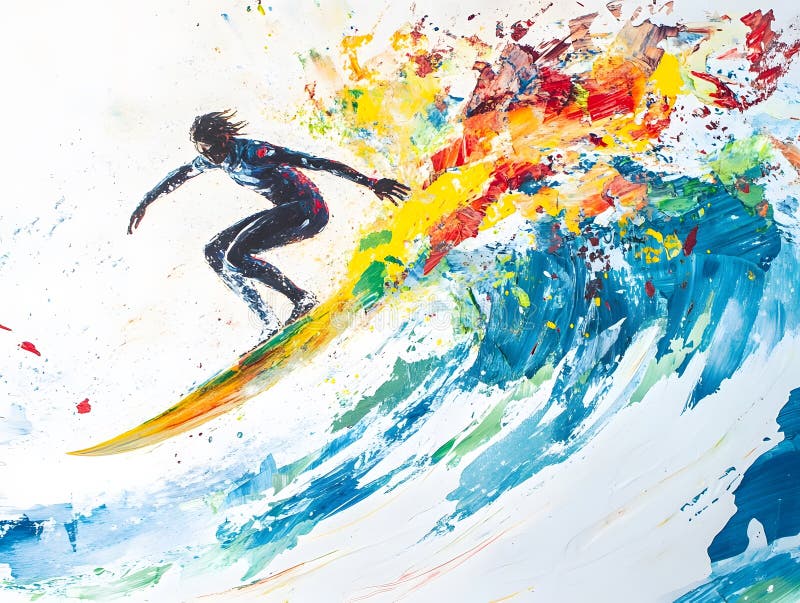 A Surfer in Action, Surrounded by Bold, Colorful Splashes that ...