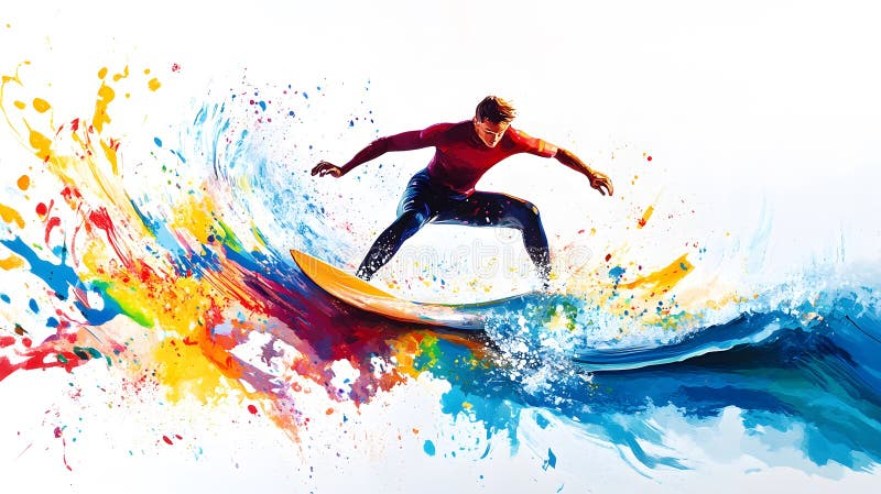 A Surfer in Action, Surrounded by Bold, Colorful Splashes that ...