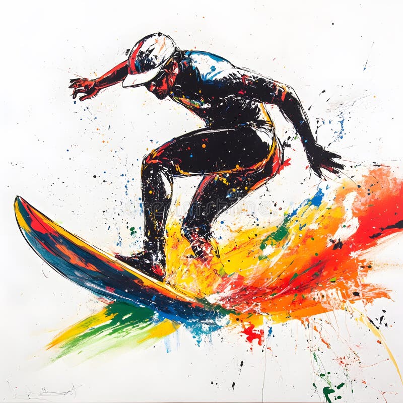 A Surfer in Action, Surrounded by Bold, Colorful Splashes that ...