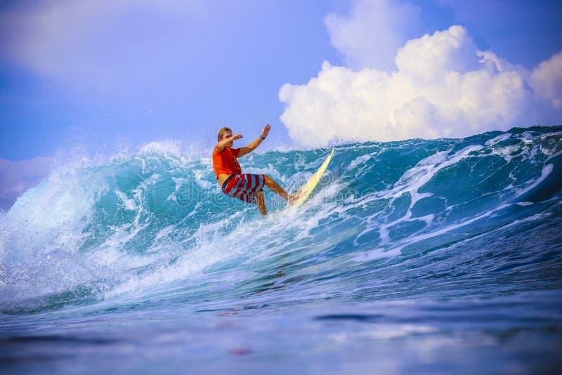 Surfer Girl on Amazing Blue Wave Stock Photo - Image of beach, barrel ...