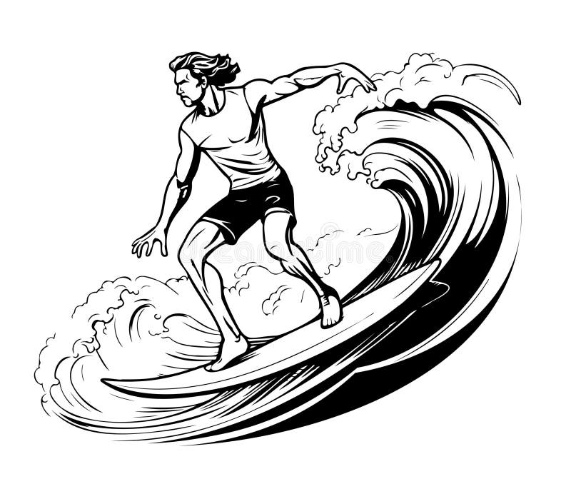 Surfer and Big Wave. Engraving Style. Vector Illustration Stock Vector ...