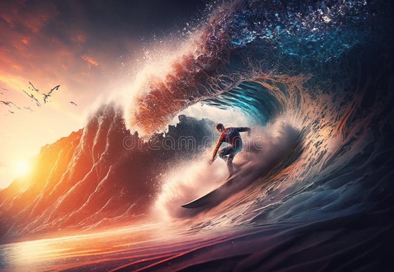 AI Generated Surfer on a Huge Wave Stock Illustration - Illustration of ...