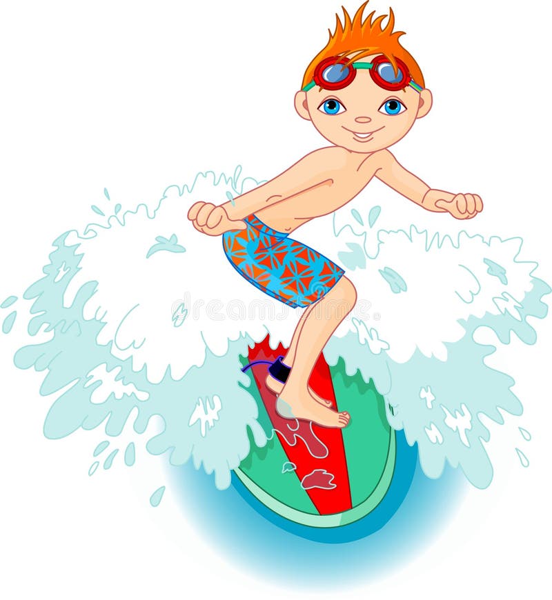 Cartoon Surfer Boy Riding a Surf Board Stock Vector - Illustration of ...