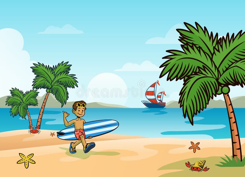 Surfer Boy Walking on the White Beach Sand Stock Vector - Illustration ...
