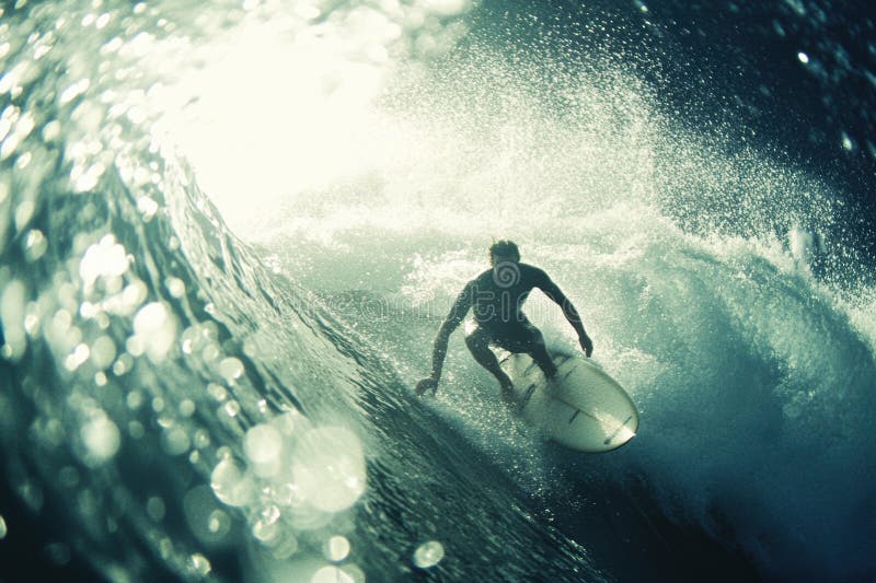 Surfer Catching a Wave Under Sunlight in a Beautiful Ocean Setting ...