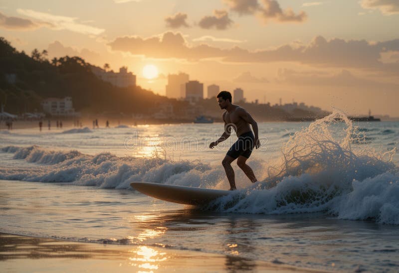 Surfer Catching Waves at Sunset on the Beach Stock Illustration ...
