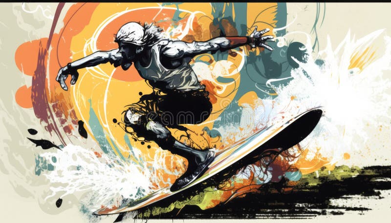 Surfer on a Colorful Wave Visualized by Graffitit Art Stock ...