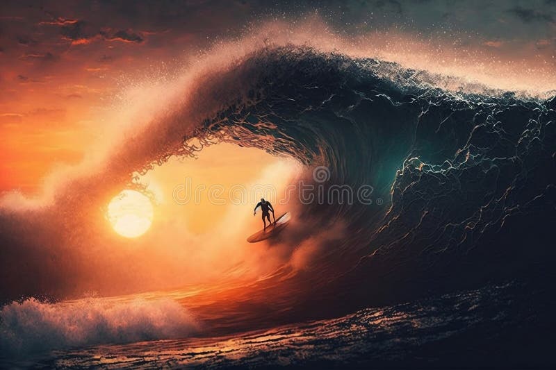 Surfer Conquering Epic Sunset Wave. AI Stock Illustration ...