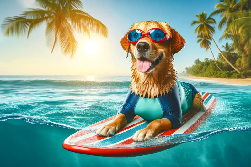 A Surfer Dog Swims through the Sea Waves on a Special Surfboard Stock ...