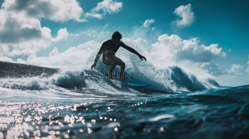 Surfing at Dawn, Catching a Wave with Ocean Spray in a Vibrant Blue Sea ...