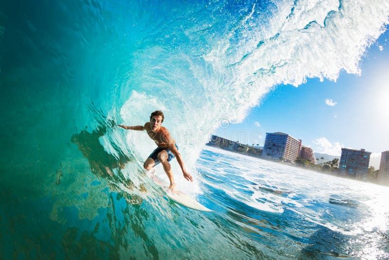 Surfer in the Tube at Sunset Stock Image - Image of blue, barrel: 7904725