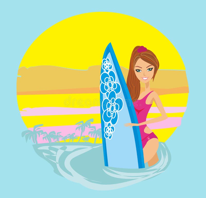 Surfer Girl on a Beach Icon Stock Vector - Illustration of serene ...